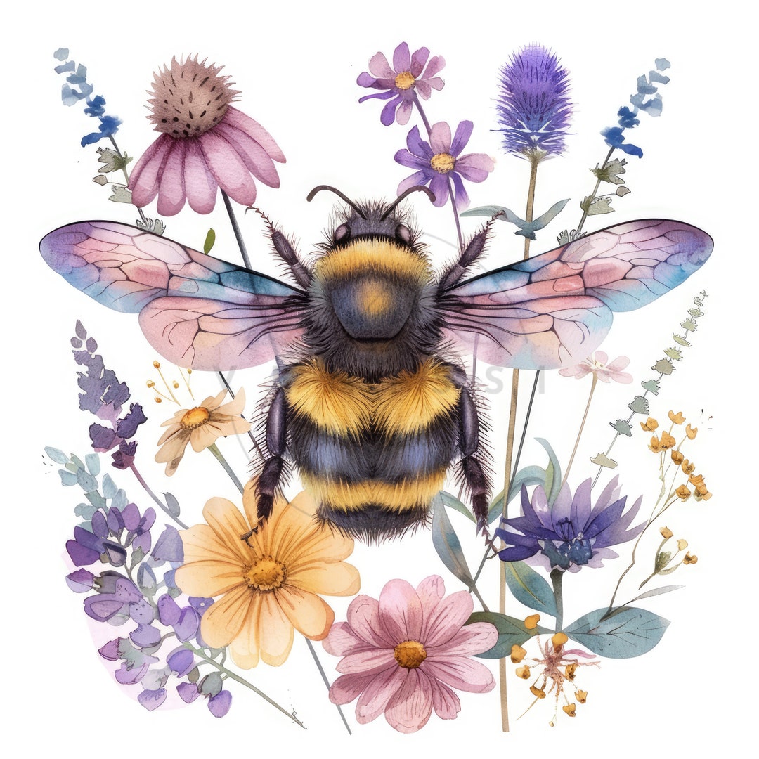 12 Bee and Wildflowers Clipart, Watercolor Bee in Flowers Clipart ...