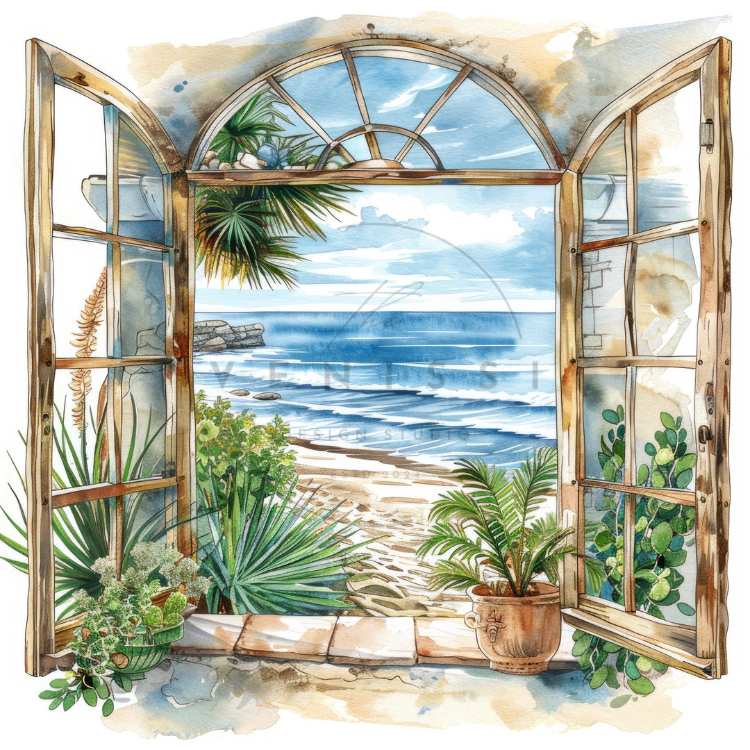 12 Window Ocean View Clipart, Watercolor Window Sea Scenery, Printable ...
