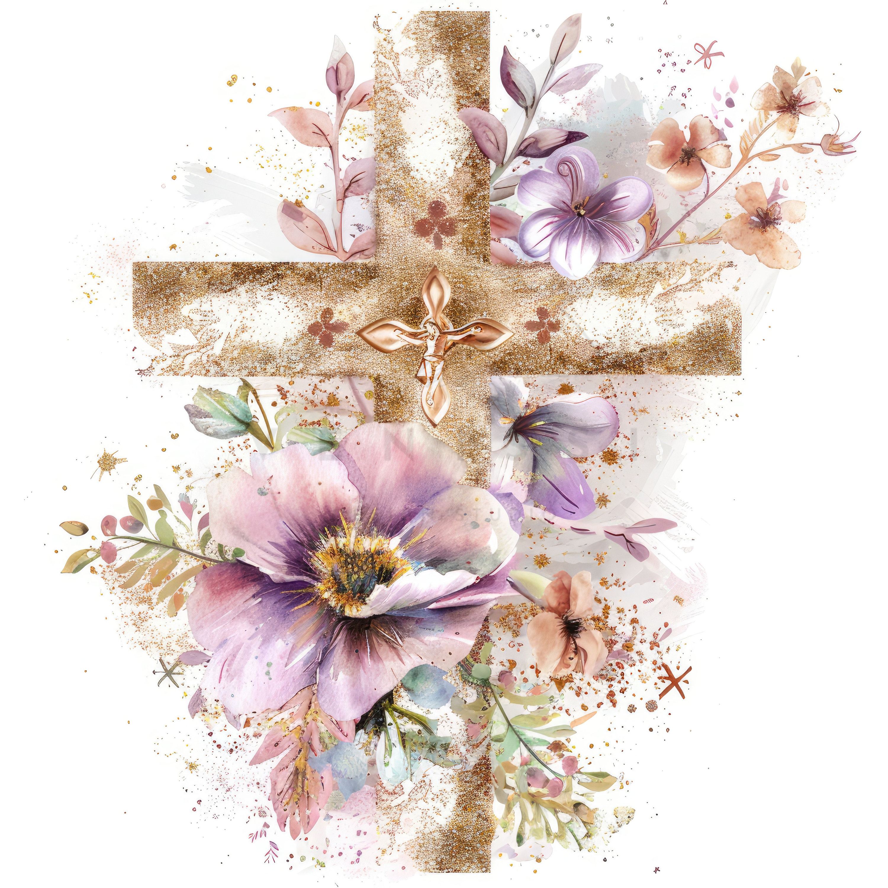 12 Cross With Flowers and Golden Glitter Clipart, Watercolor Crucifix ...