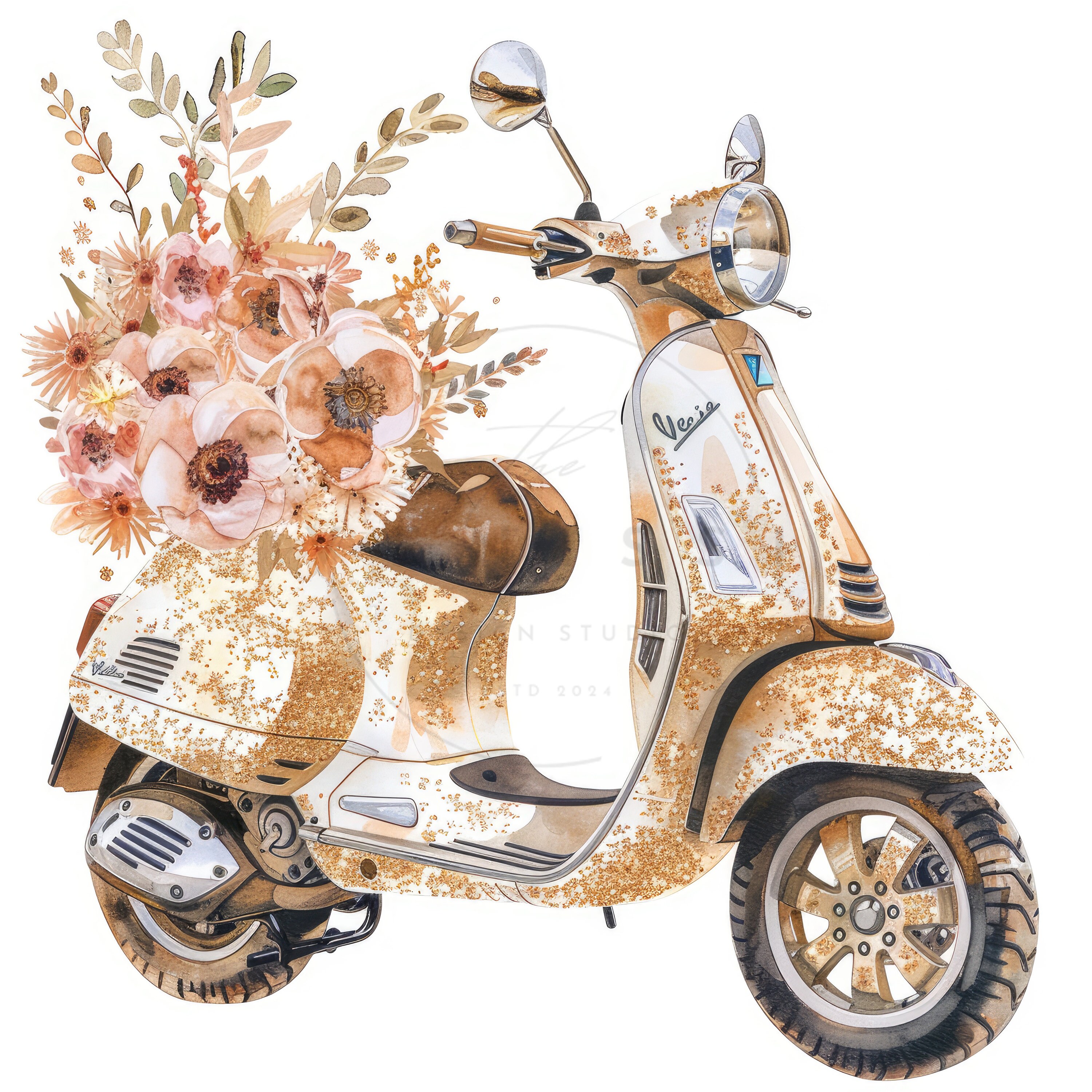 11 Vespa Scooter With Flowers and Gold Clipart, Watercolor Moto Scooter ...