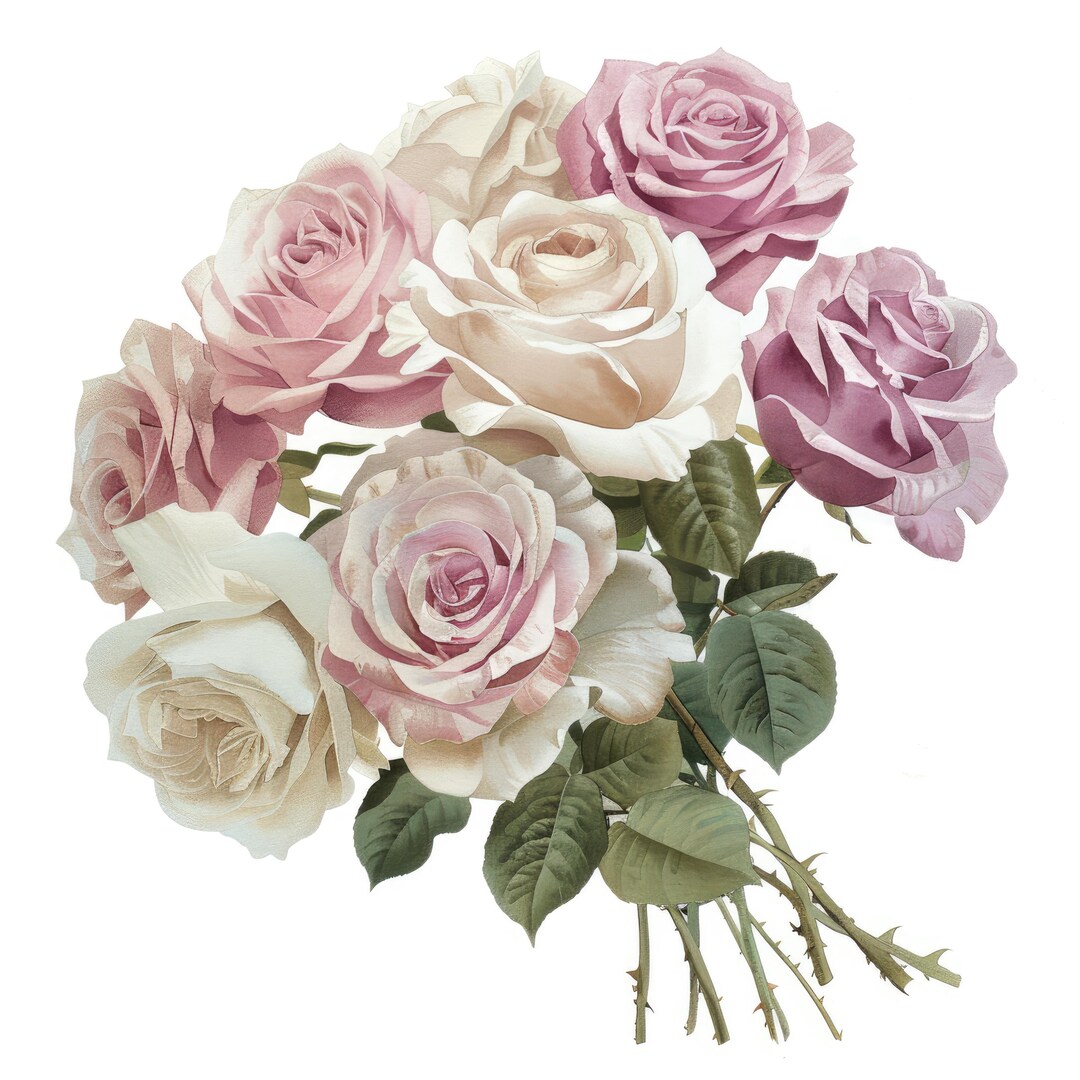 12 Pastel Roses Bouquet Clipart, Watercolor Spring Flowers Clipart ...