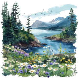 15 Alaskan Coastal Landscape Clipart, Watercolor Forest Clip Art ...