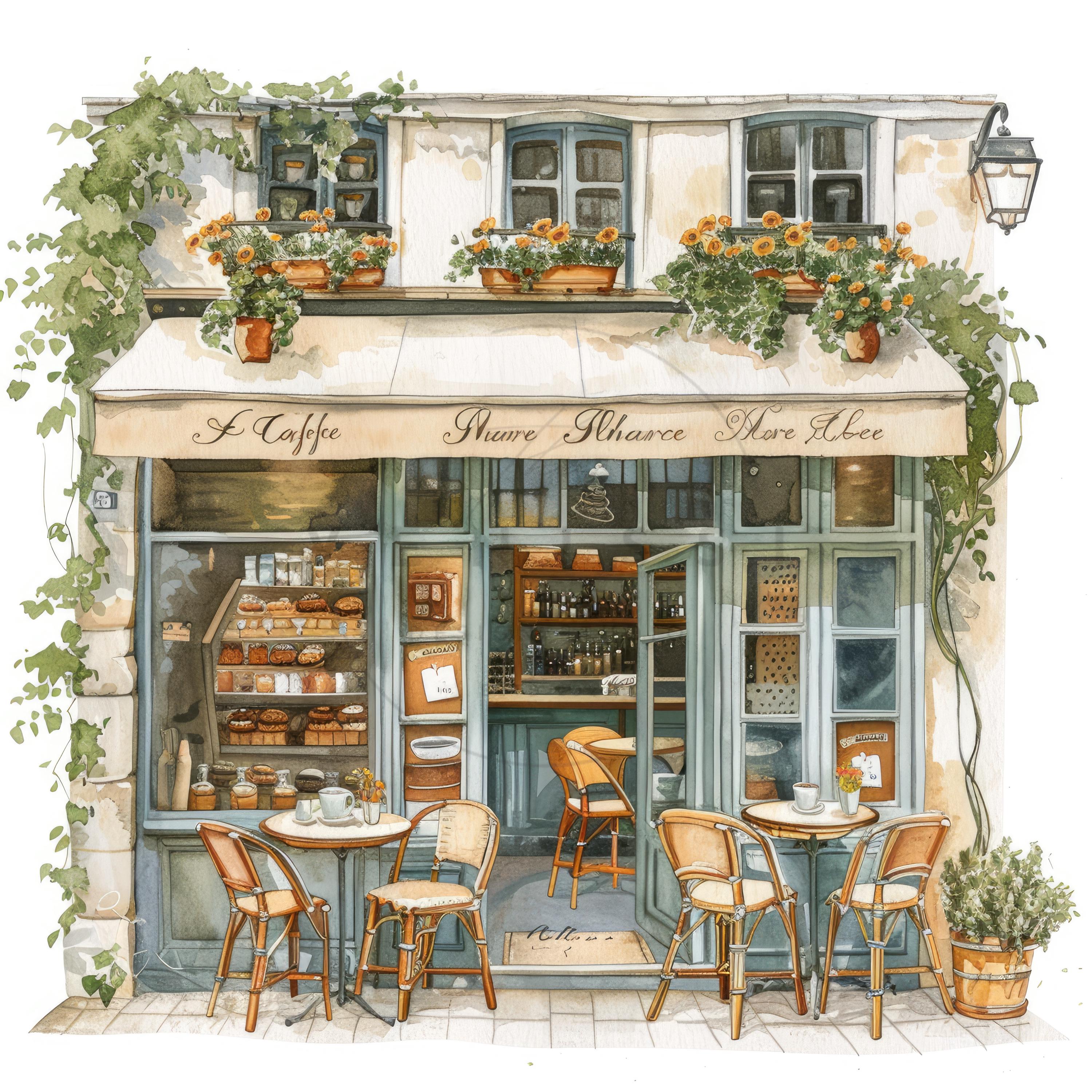 15 Cafe in Paris Clipart, Watercolor French Cityscape Clip Art ...