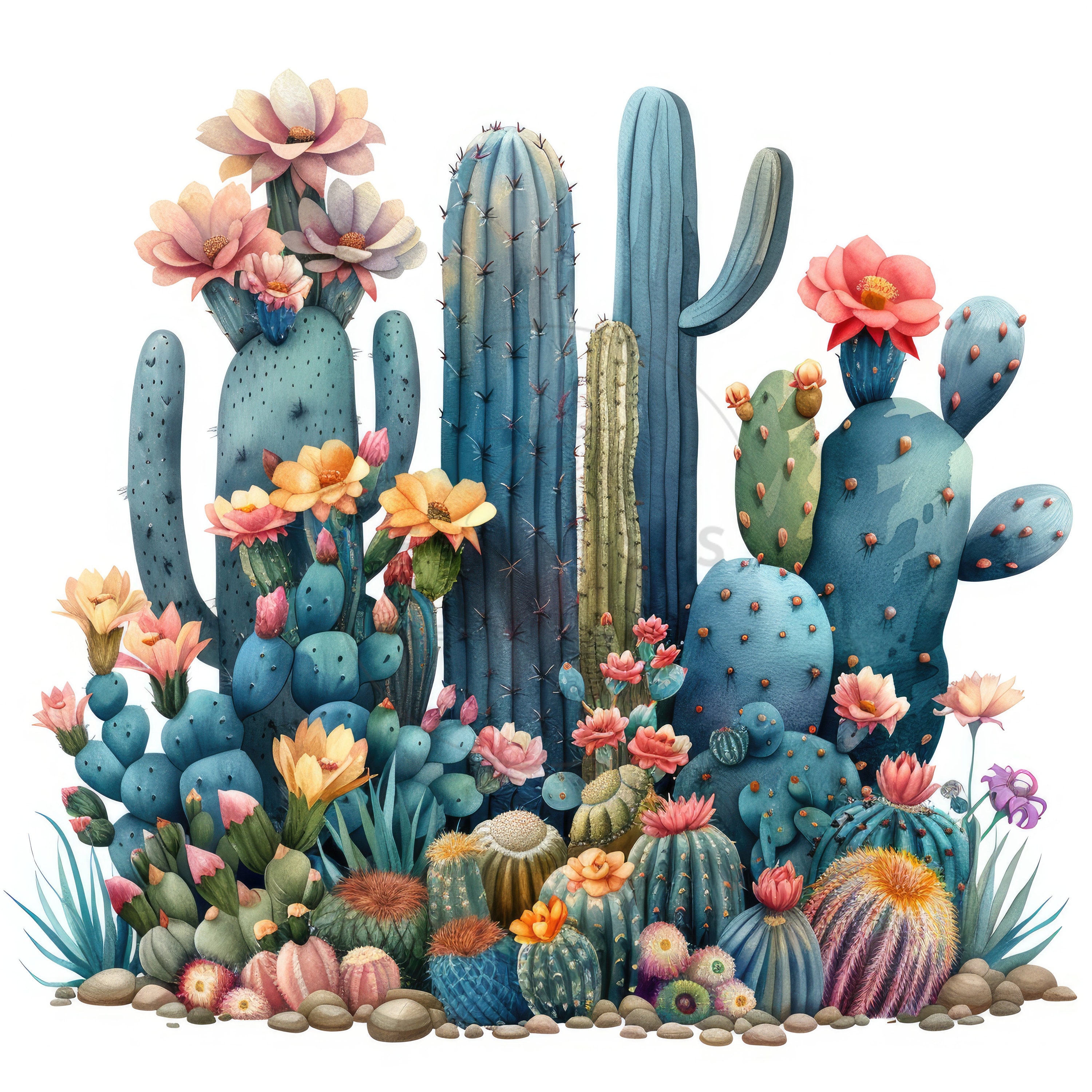 15 Vintage Blooming Cactus Watercolor Clipart Set, Desert Clipart ...