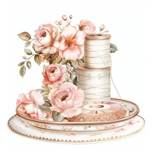 15 Vintage Spool of Thread With Flowers Clipart, Watercolor Floral ...