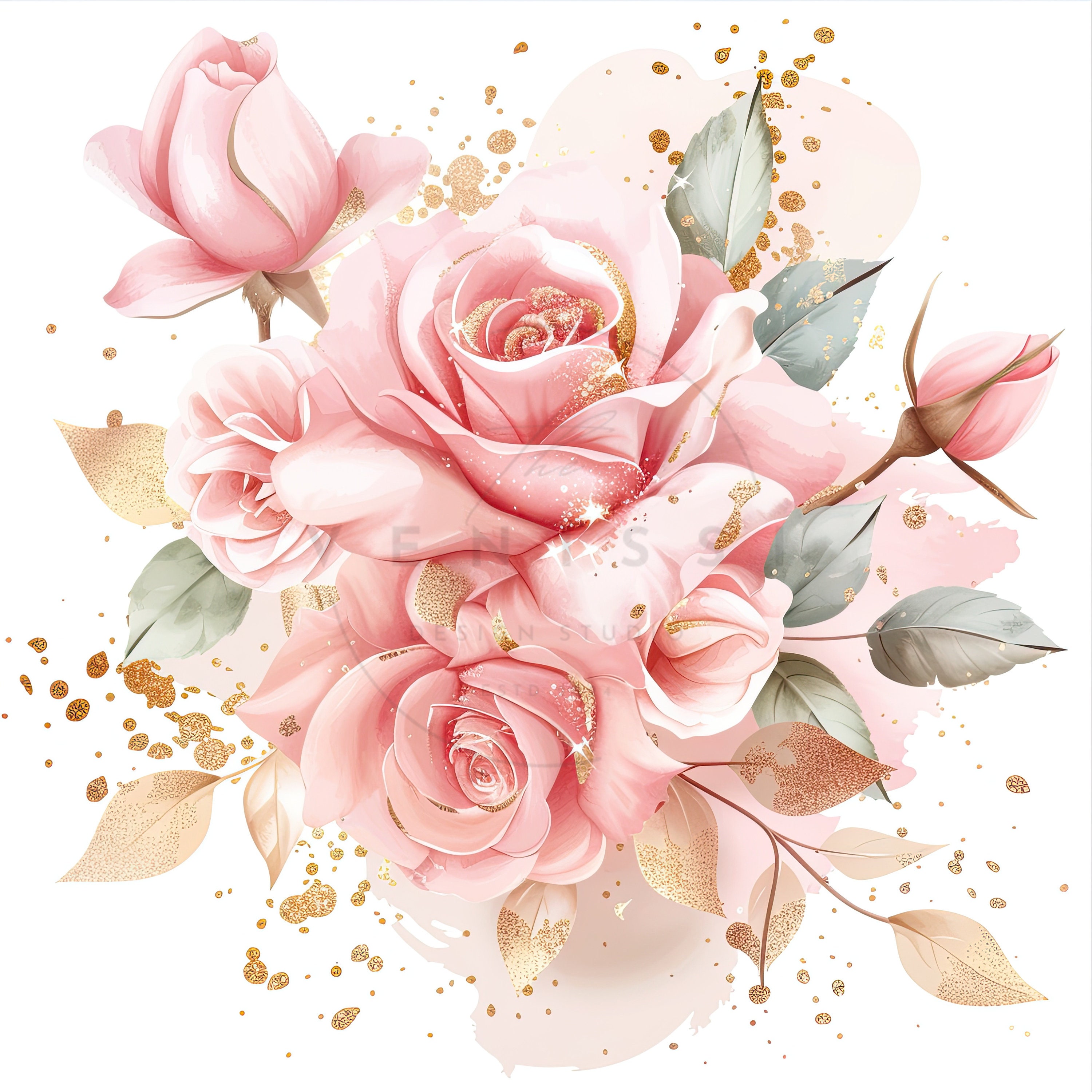 12 Pink Roses With Golden Glitter Clipart, Watercolor Pink Roses ...
