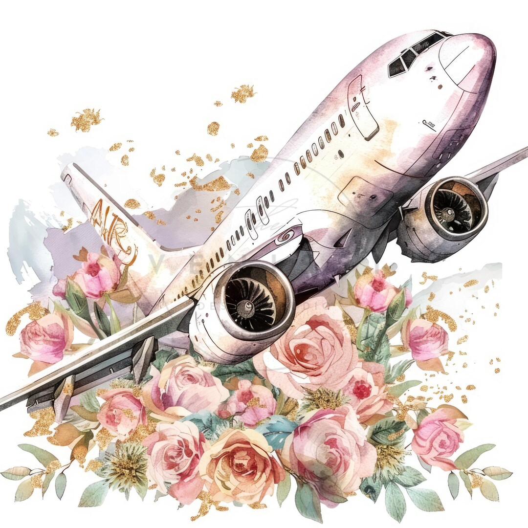 11 Floral Flying Plane Clipart, Watercolor Airplane Print, Printable ...