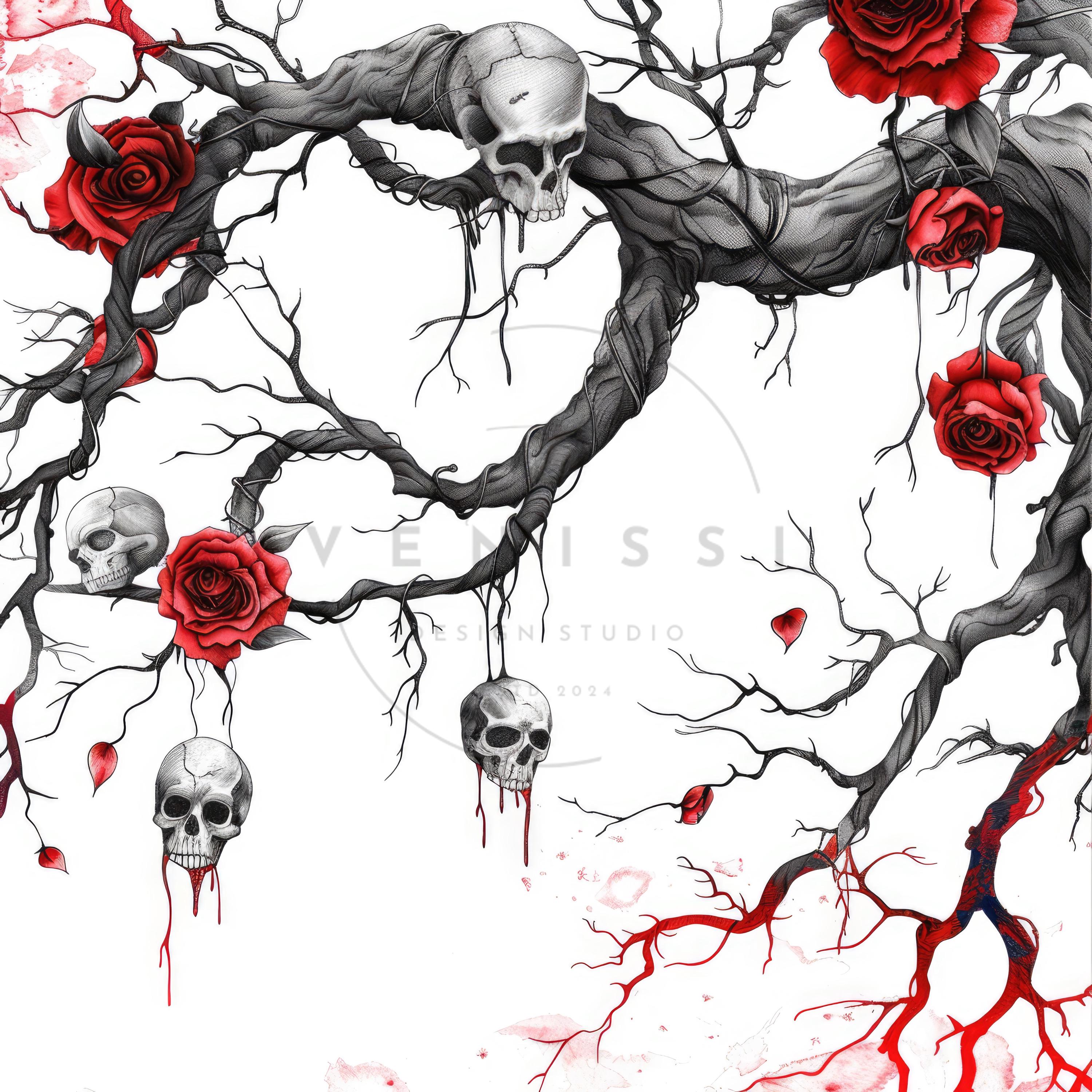 14 Gothic Bloody Tree With Skulls Clipart, Watercolor Skull Tree ...