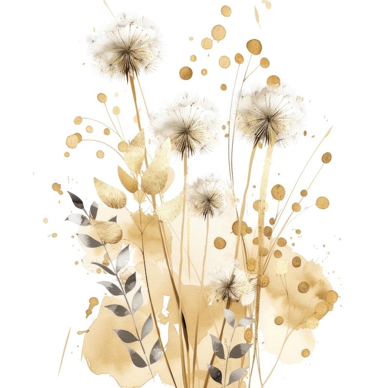 11 Watercolor Dandelion Gold Leaves Clipart Set, Abstract Flowers ...