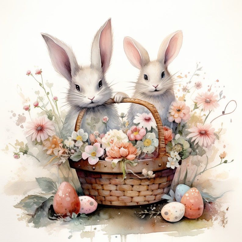 34 Easter Bunny Eggs Basket Clipart, Jpgs, Spring Bunny, Watercolor ...