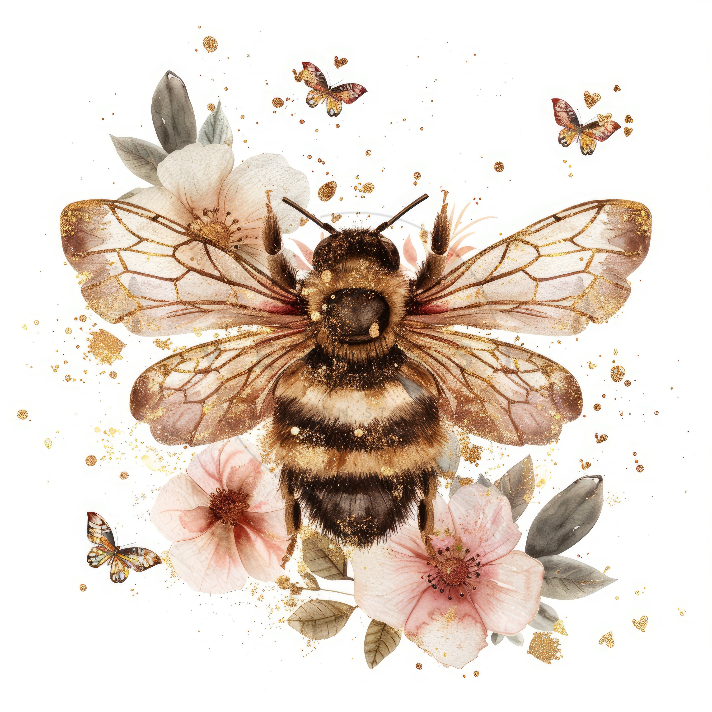 10 Bee in Flowers With Golden Glitter Clipart, Watercolor Bee Clipart ...