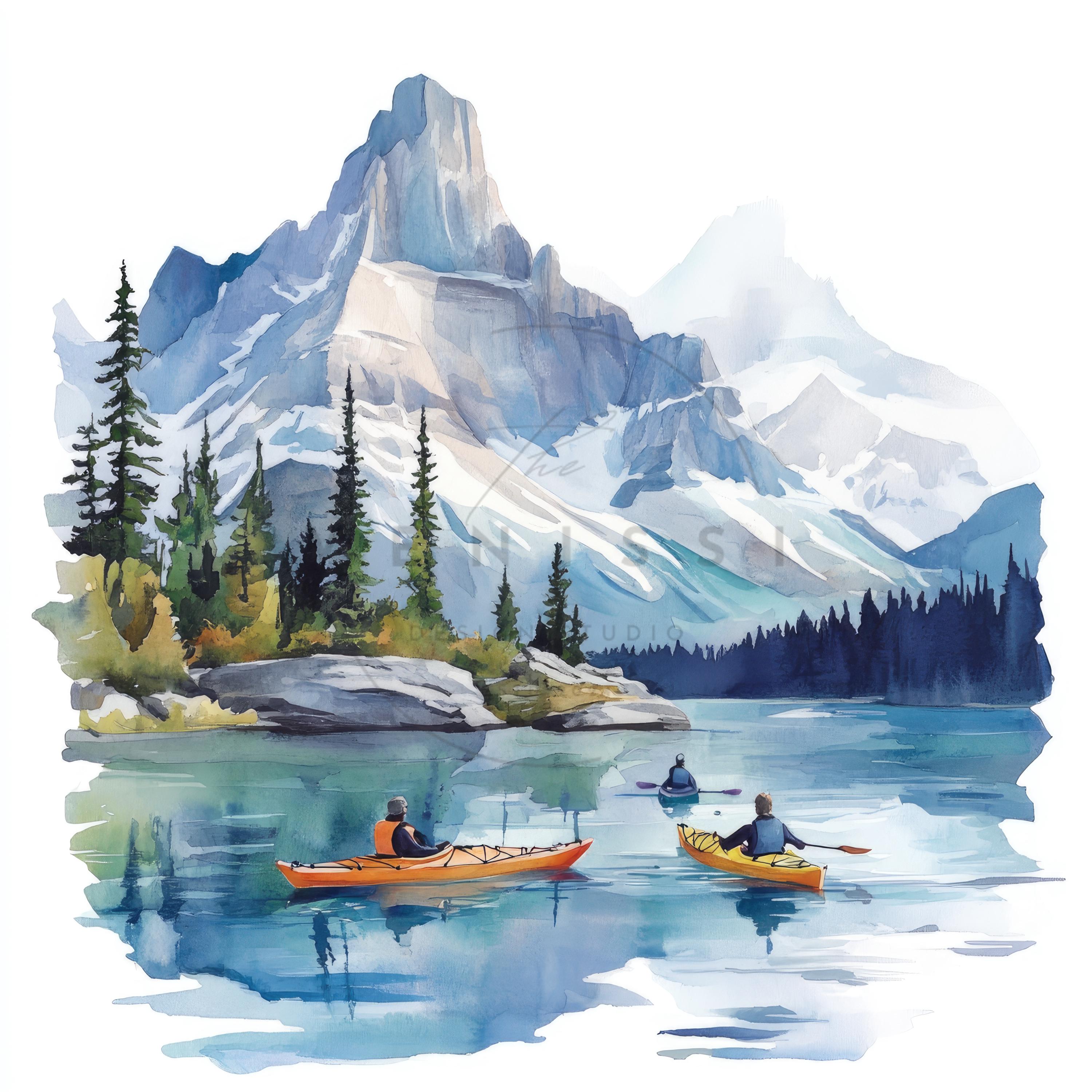 16 Kayaking Clipart, Watercolor Lake Kayaking Scenery Clip Art ...