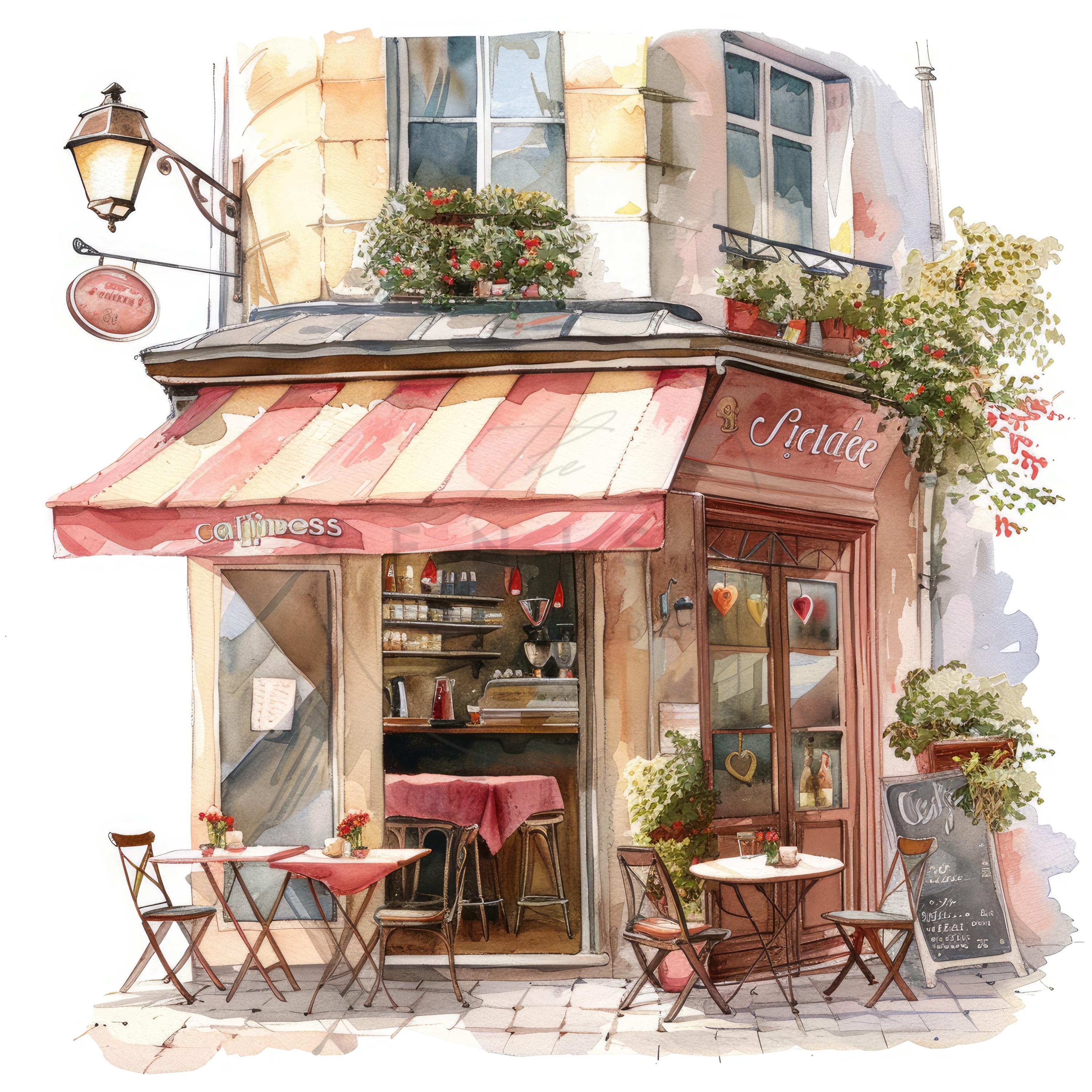 15 Cafe in Paris Clipart, Watercolor French Cityscape Clip Art ...