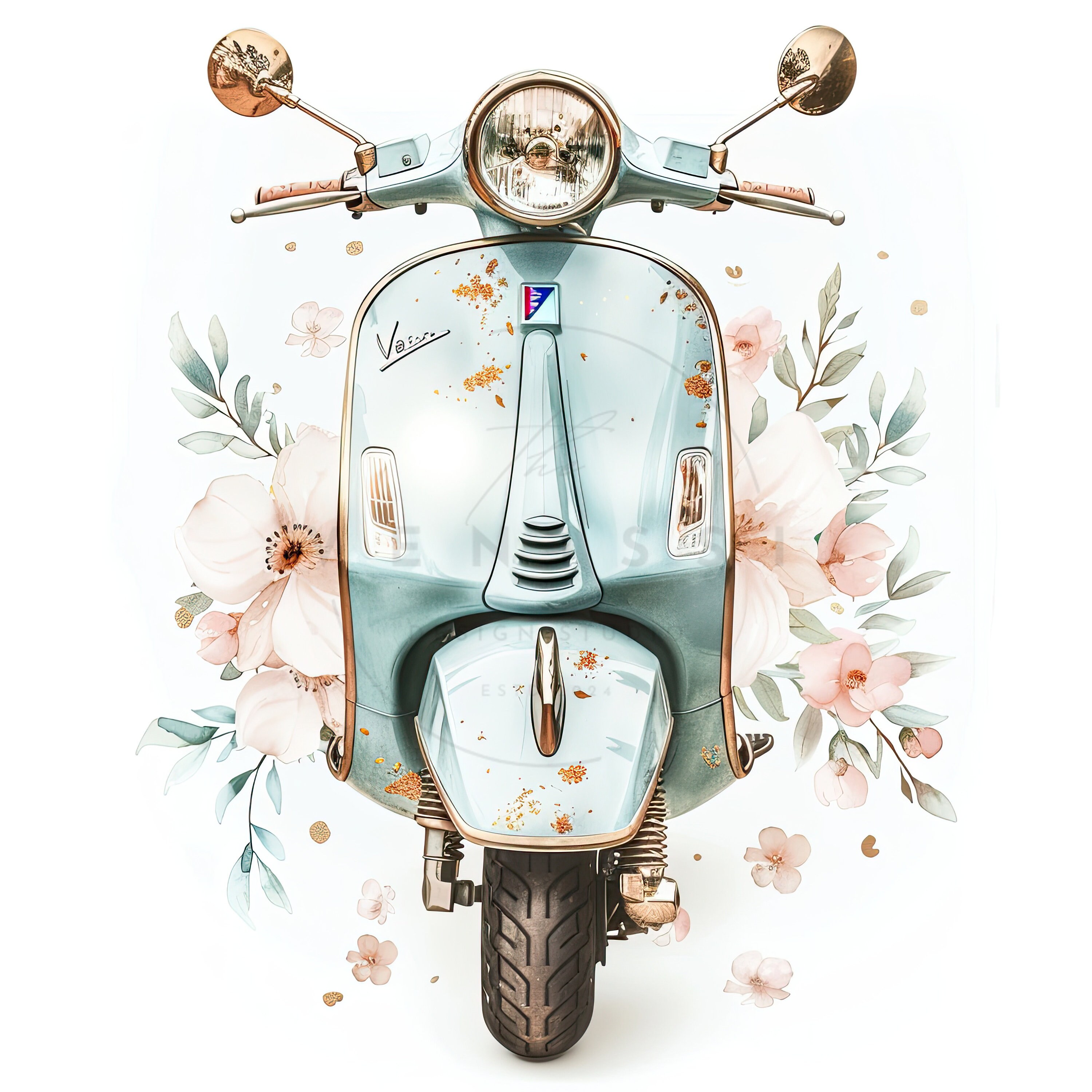 11 Vespa Scooter With Flowers and Gold Clipart, Watercolor Moto Scooter ...