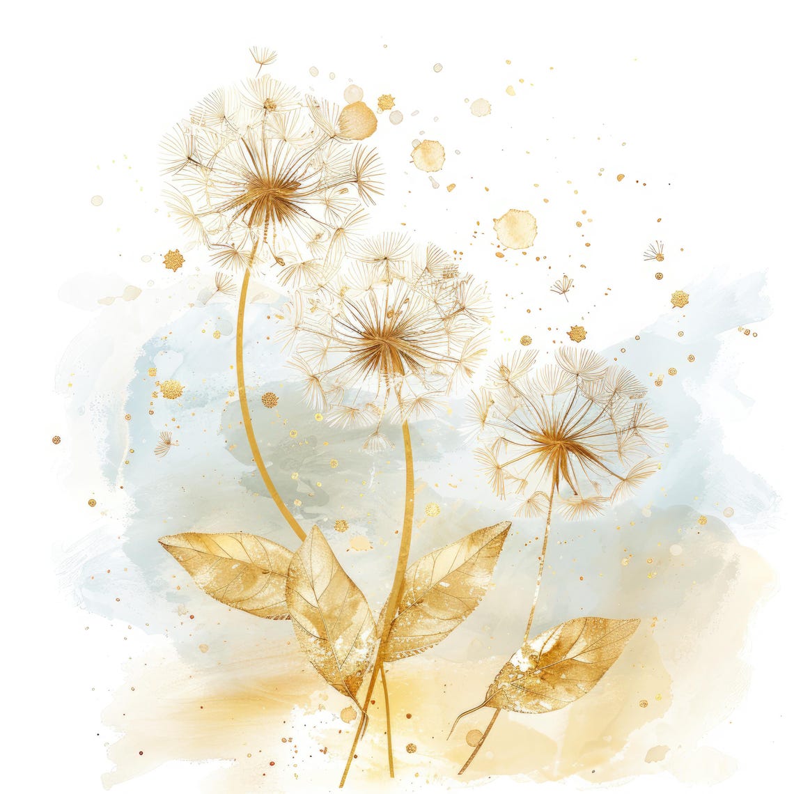 11 Watercolor Dandelion Gold Leaves Clipart Set, Abstract Flowers ...