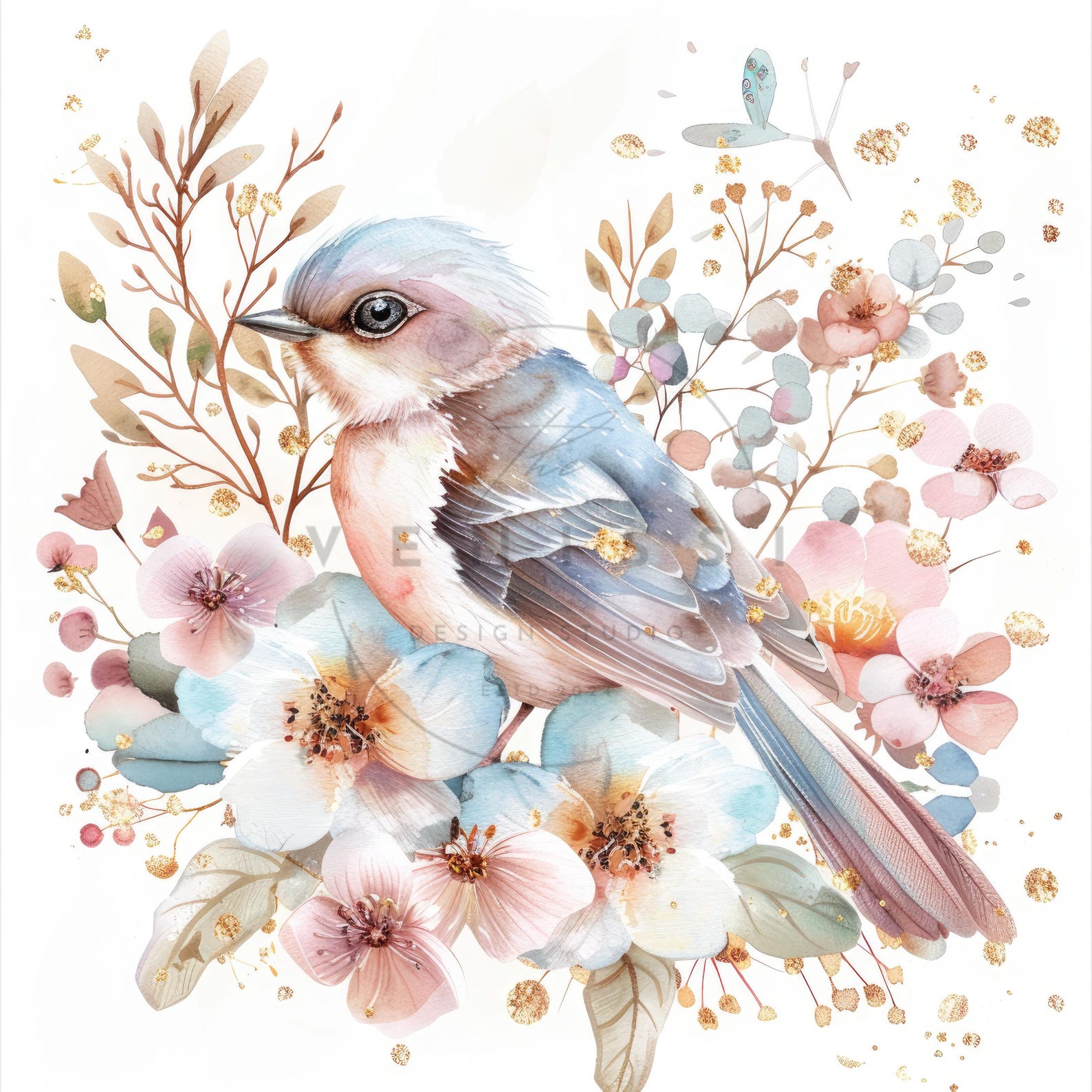 11 Bird in Flowers Clipart, Watercolor Floral Bird Clipart, Printable ...