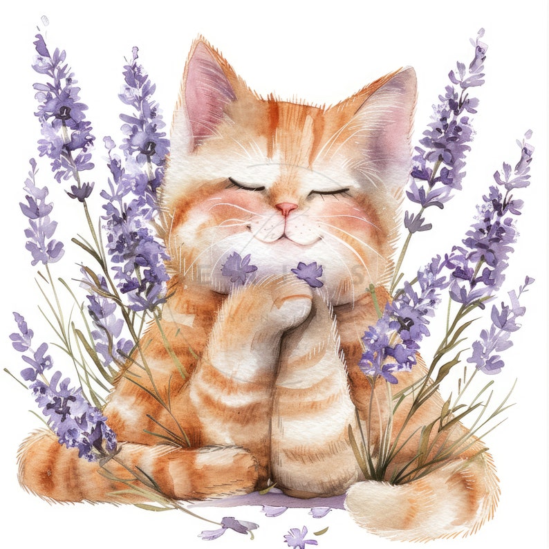 15 Cat With Lavender Clipart, Cat and Flowers Clipart, Printable ...