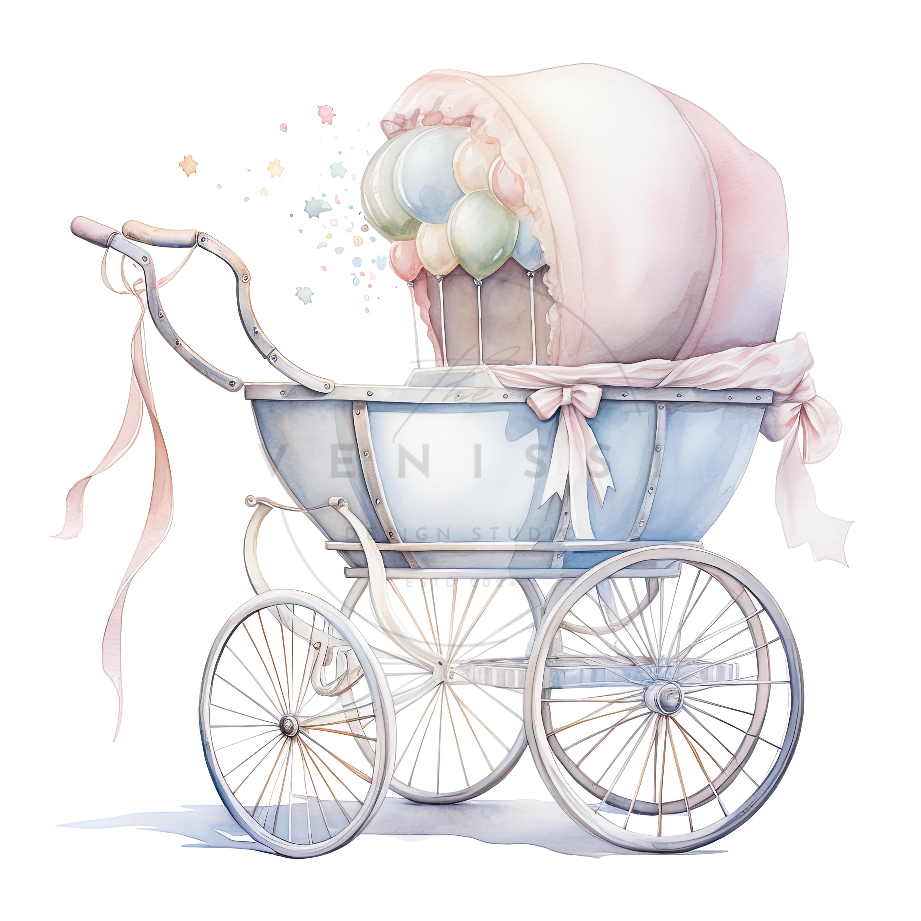 13 Vintage Baby Carriage Clipart, Watercolor Stroller Baby Clipart ...
