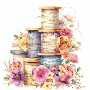 18 Spools of Thread With Flowers Clipart, Watercolor Floral Spool of ...