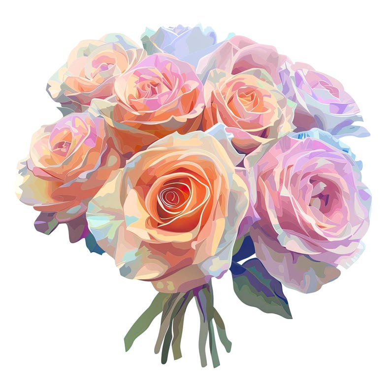 12 Pastel Roses Bouquet Clipart, Watercolor Spring Flowers Clipart ...