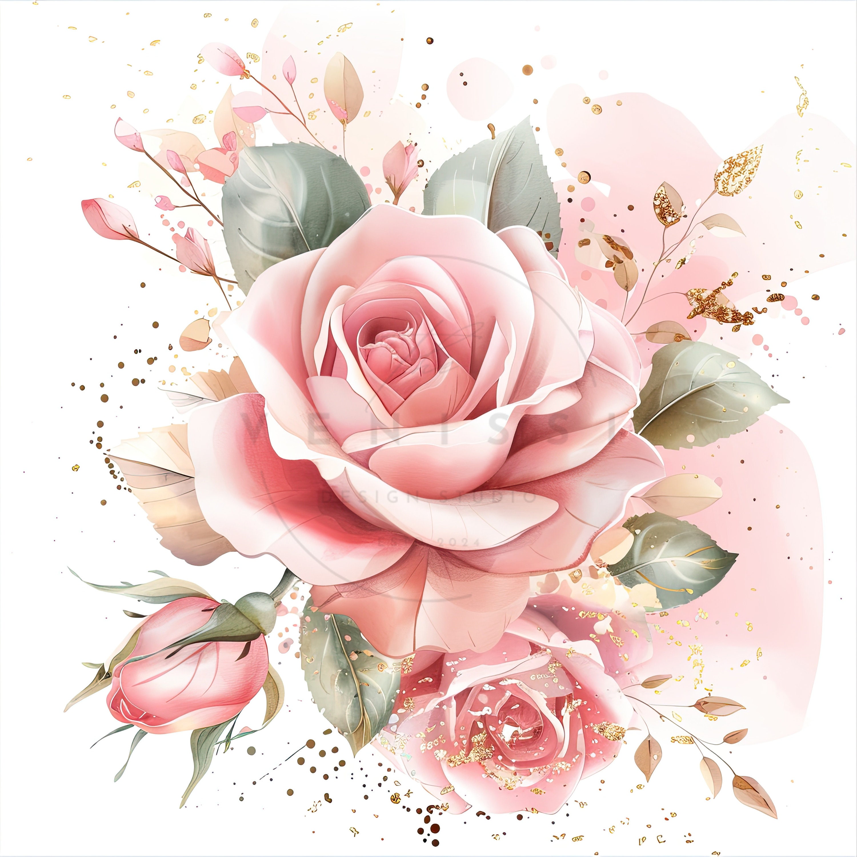 12 Pink Roses With Golden Glitter Clipart, Watercolor Pink Roses ...