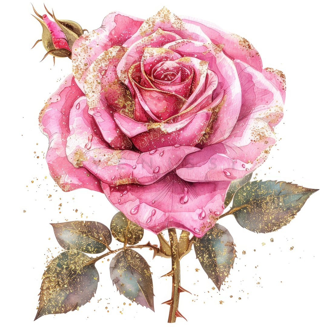 13 Pink Roses With Golden Glitter Clipart, Pink and Gold Roses Clipart ...