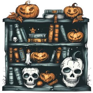 17 Halloween Bookshelf Clipart, Shelf With Pumpkins Books Clipart ...