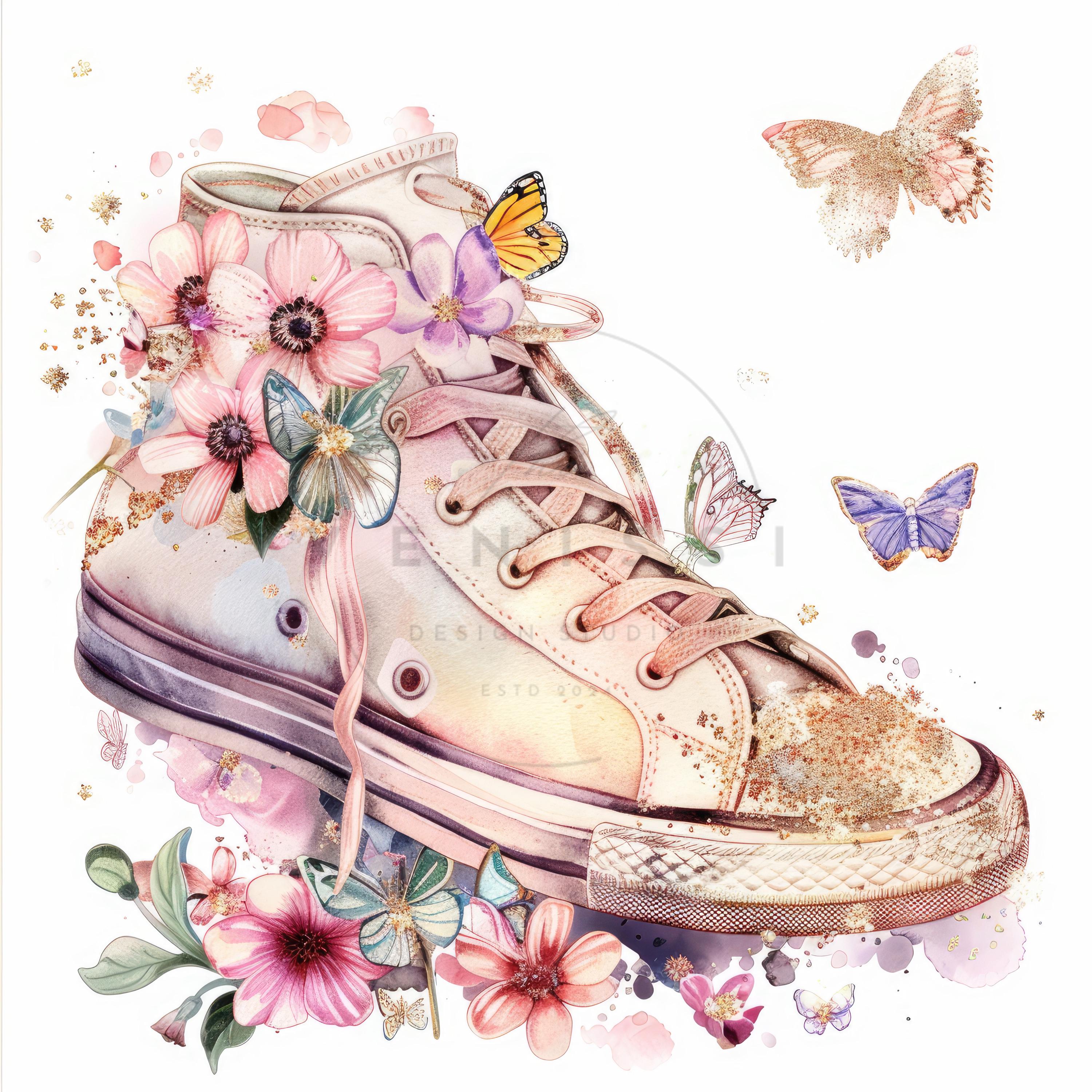 19 Floral Sneakers With Butterflies Clipart, Fashion Shoes Print ...