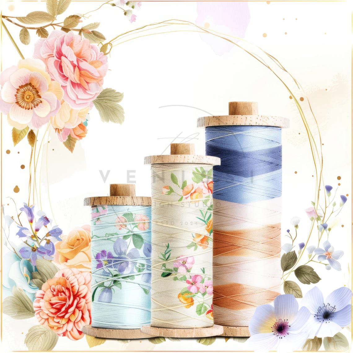 15 Vintage Spool of Thread With Flowers Clipart, Watercolor Floral ...