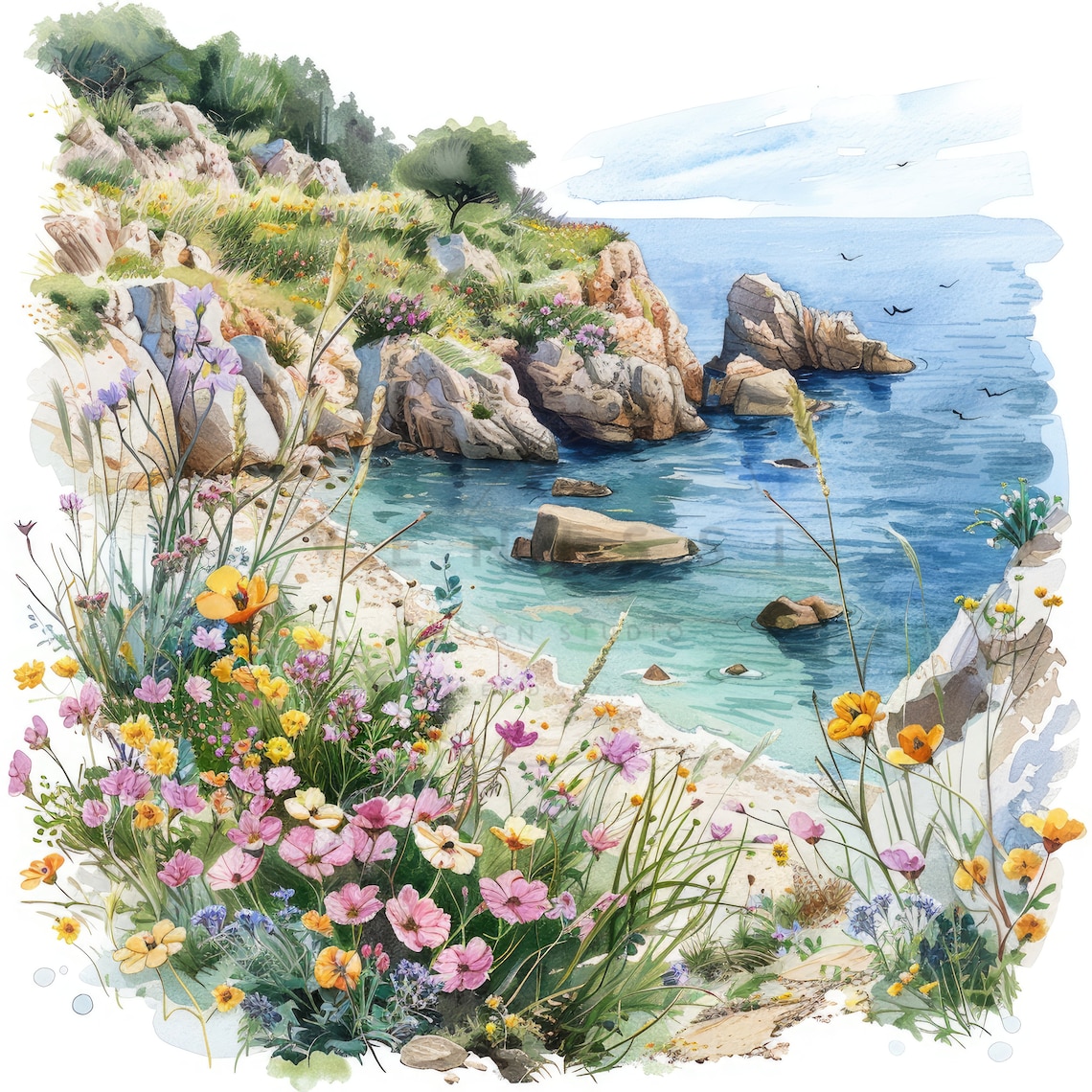 12 French Floral Coast Clipart, Watercolor French Coast Clip Art ...