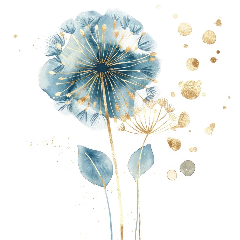 11 Watercolor Dandelion Gold Leaves Clipart Set, Abstract Flowers ...