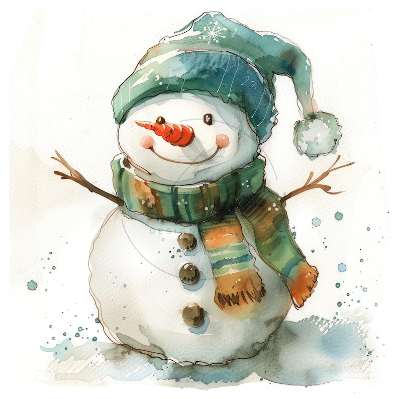 20 Whimsical Snowman Clipart, Watercolor Snowman Clipart, Christmas ...