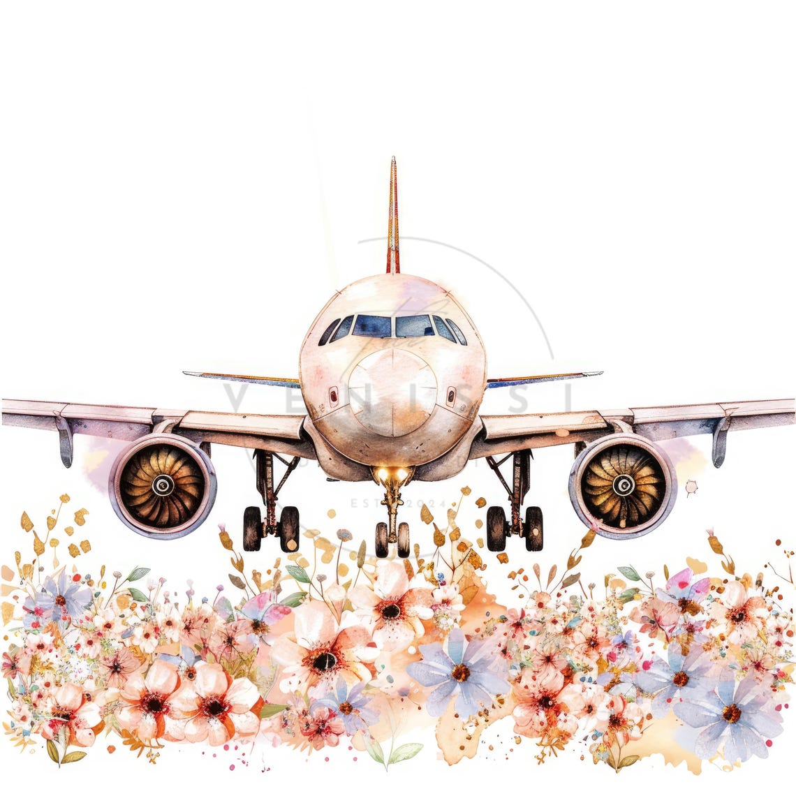 13 Floral Airplane With Gold Clipart, Watercolor Aircraft Clipart ...