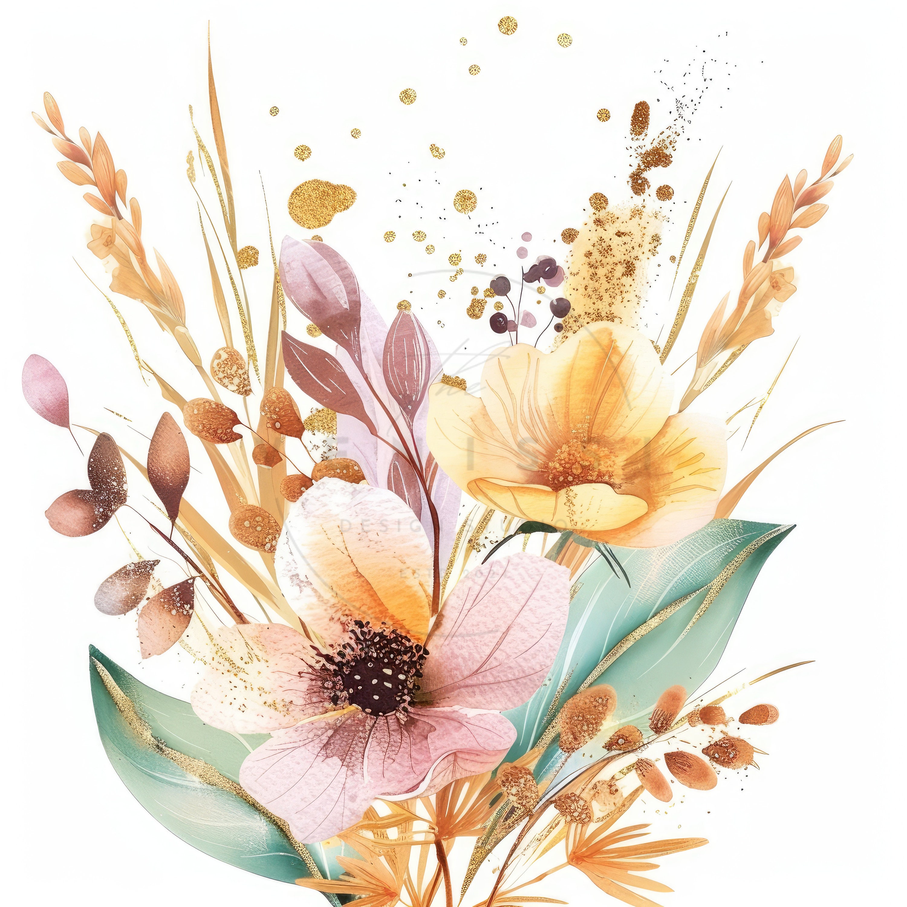 10 Spring Boho Flowers Bouquet Golden Glitter Clipart, Flowers Clip Art ...