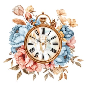 16 Vintage Floral Clock Clipart, Watercolor Floral Clock Clipart ...