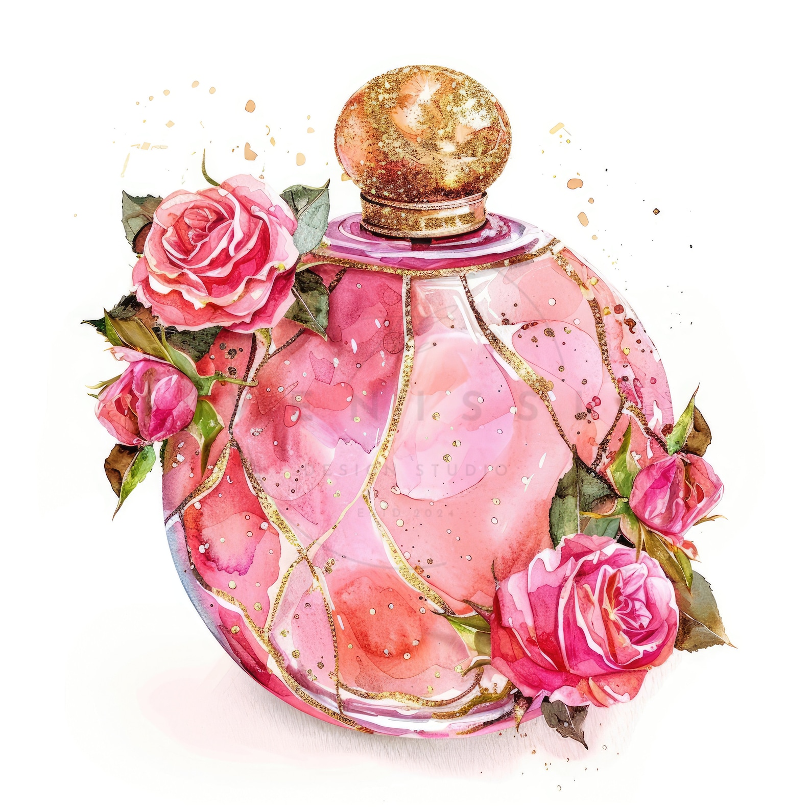 12 Watercolor Bottle of Perfume With Roses and Butterflies Clipart ...