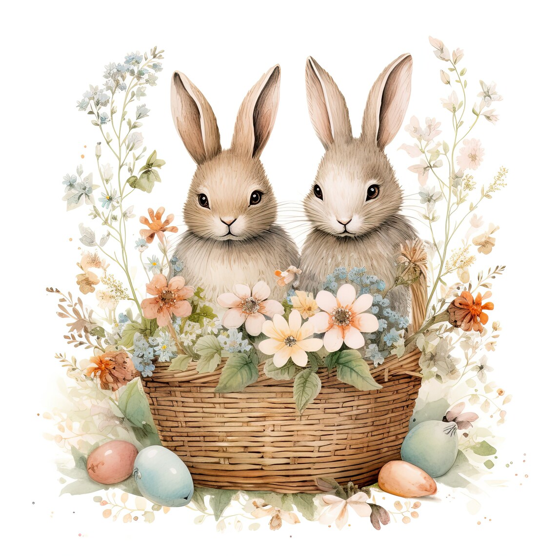 34 Easter Bunny Eggs Basket Clipart, Jpgs, Spring Bunny, Watercolor ...