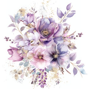 12 Spring Flowers With Golden Glitter Clipart, Watercolor Flowers ...