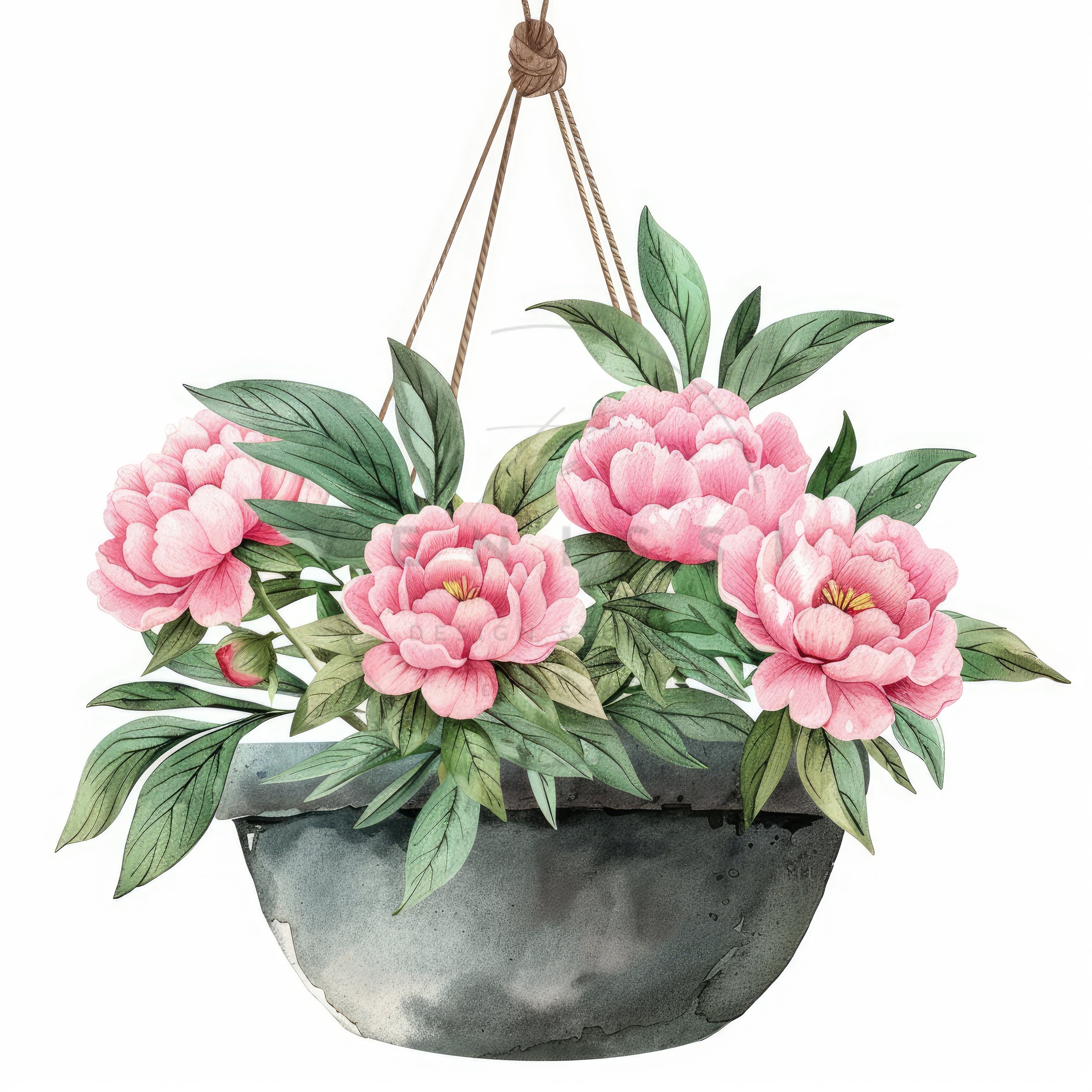 18 Watercolor Peonies Flowers in Hanging Pot Clipart Bundle, Peonies ...