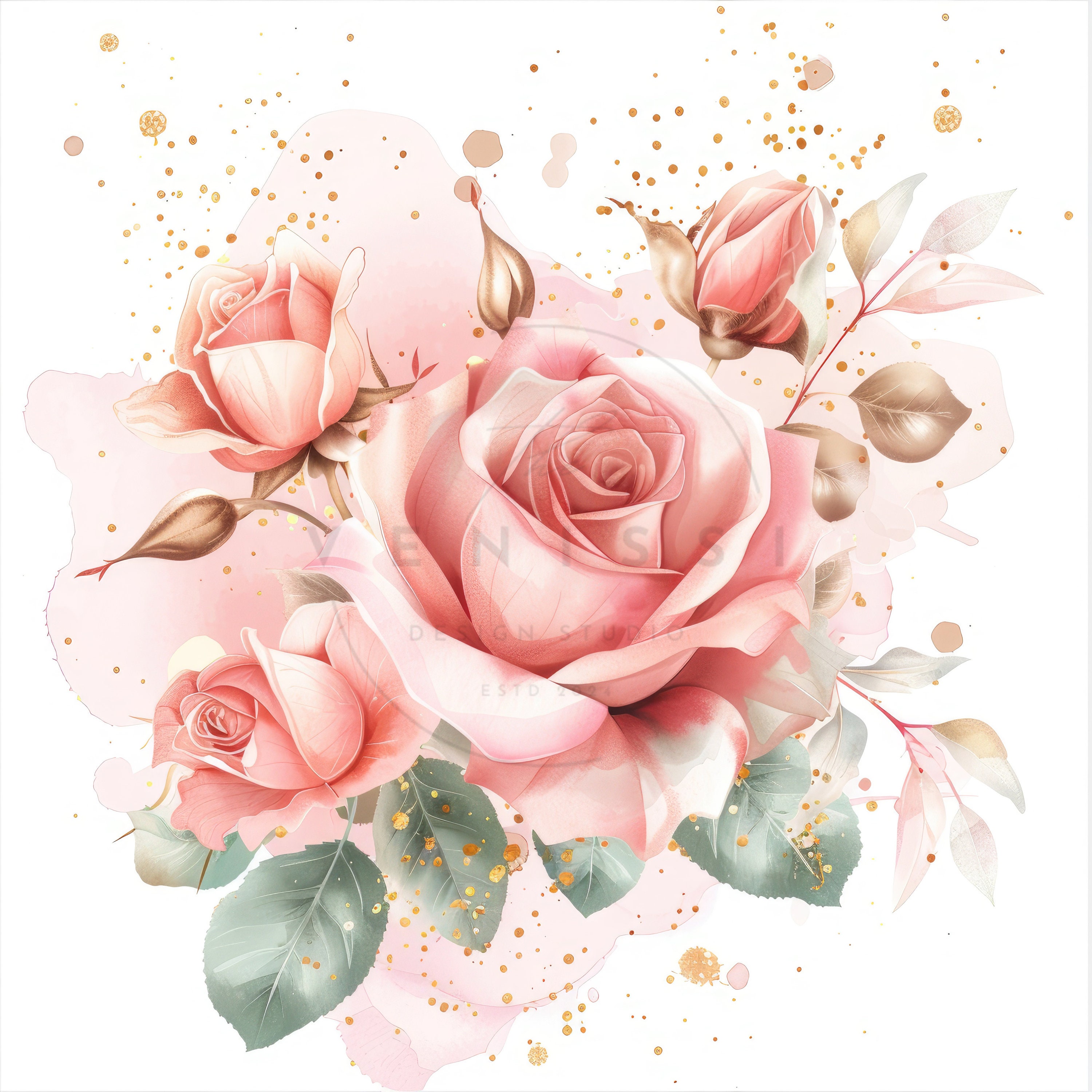 12 Pink Roses With Golden Glitter Clipart, Watercolor Pink Roses ...