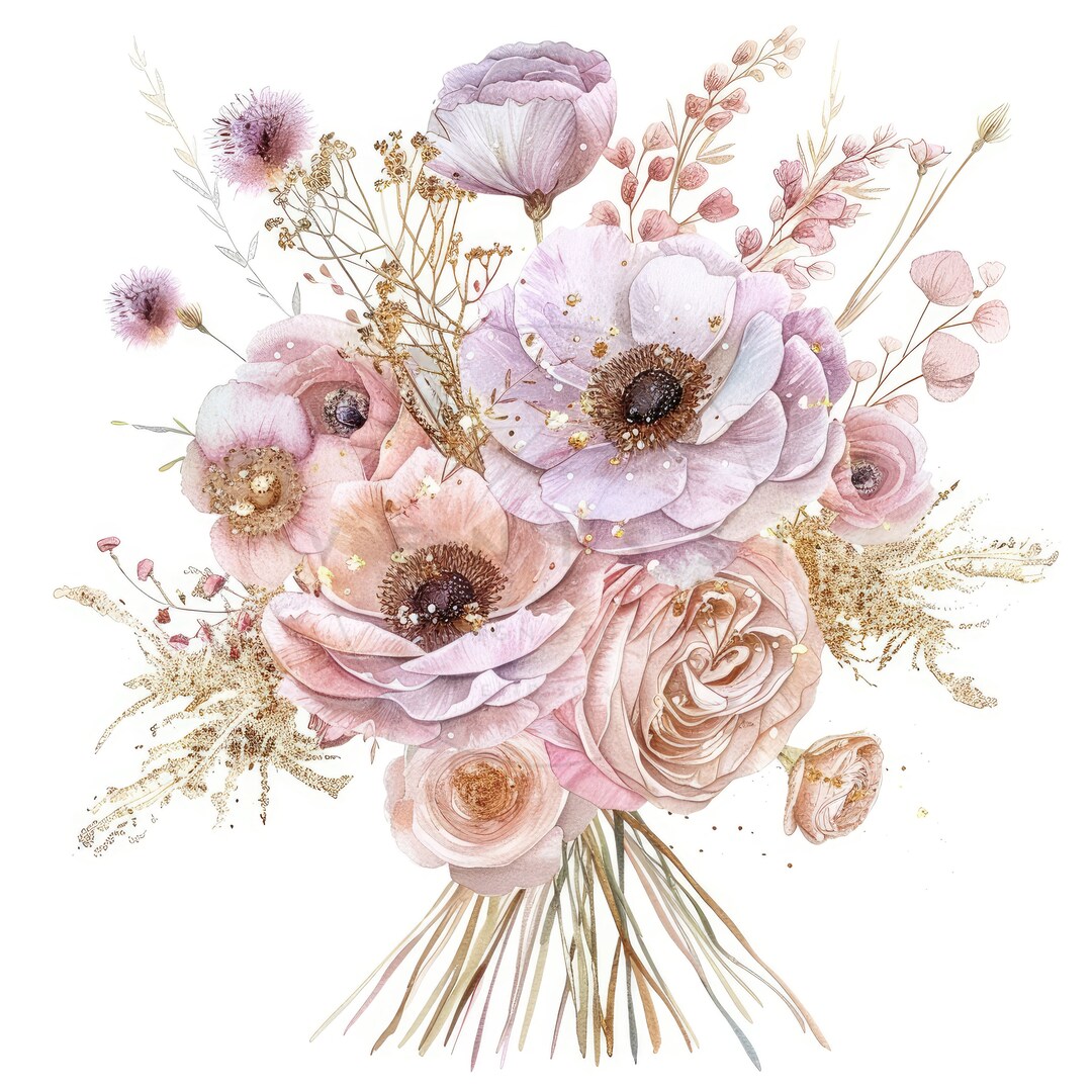 11 Wedding Pink Pastel Flowers Bouquet With Golden Glitter Clipart ...