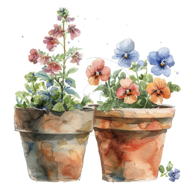12 Rustic Potted Flowers Clipart Pack, Watercolor Plants in Pot Clip ...
