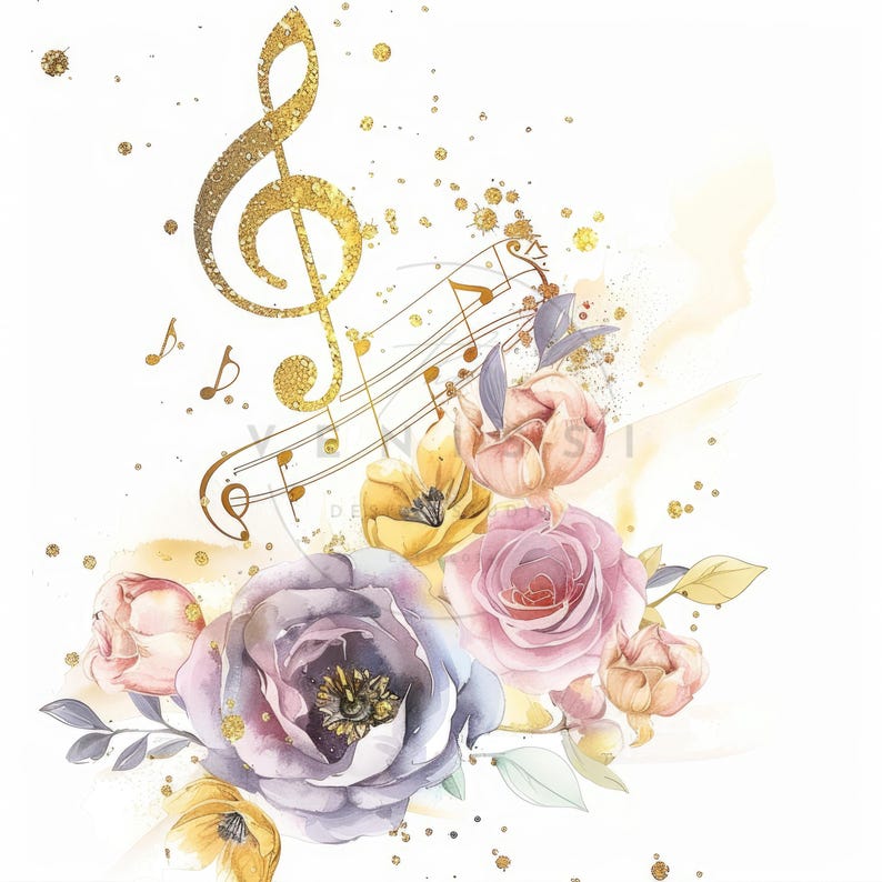 12 Floral Music Notes Clipart, Watercolor Music Clipart, Violin Print ...