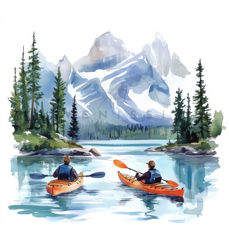 16 Kayaking Clipart, Watercolor Lake Kayaking Scenery Clip Art ...