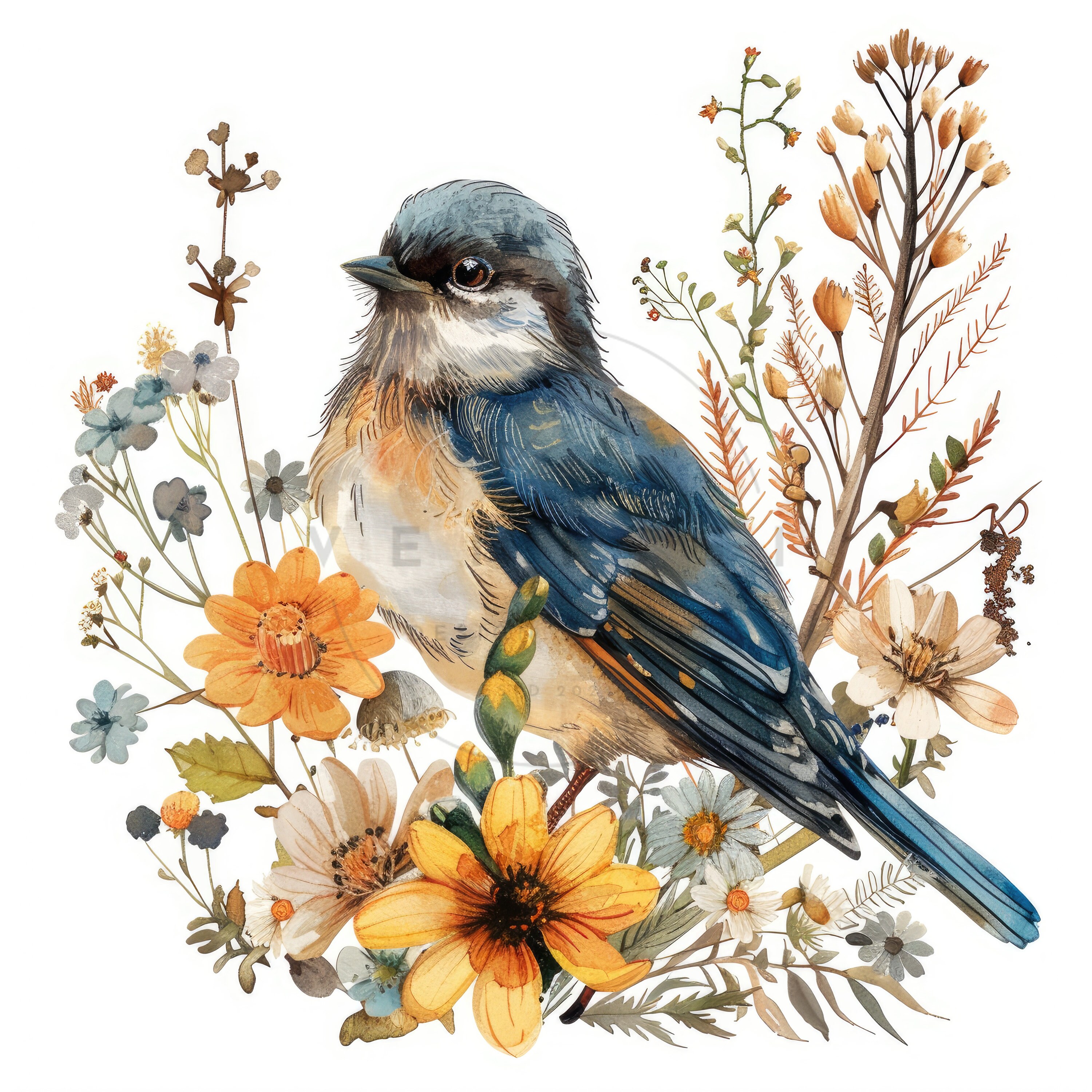11 Vintage Bird in Flowers Clipart, Watercolor Floral Bird Clipart ...