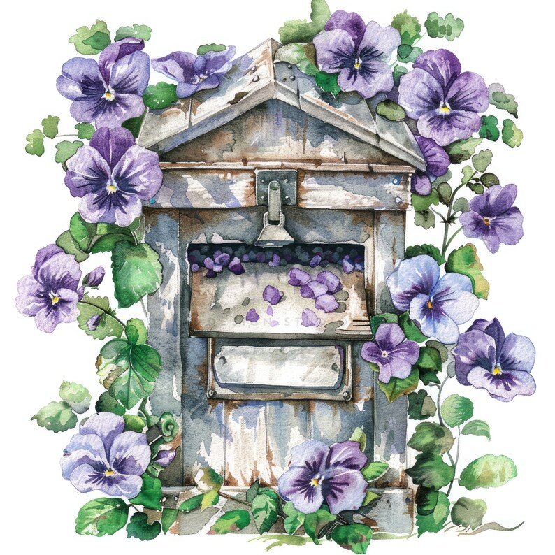 12 Vintage Mailbox Clipart Pack, Watercolor Mailbox in Flowers Clip Art ...