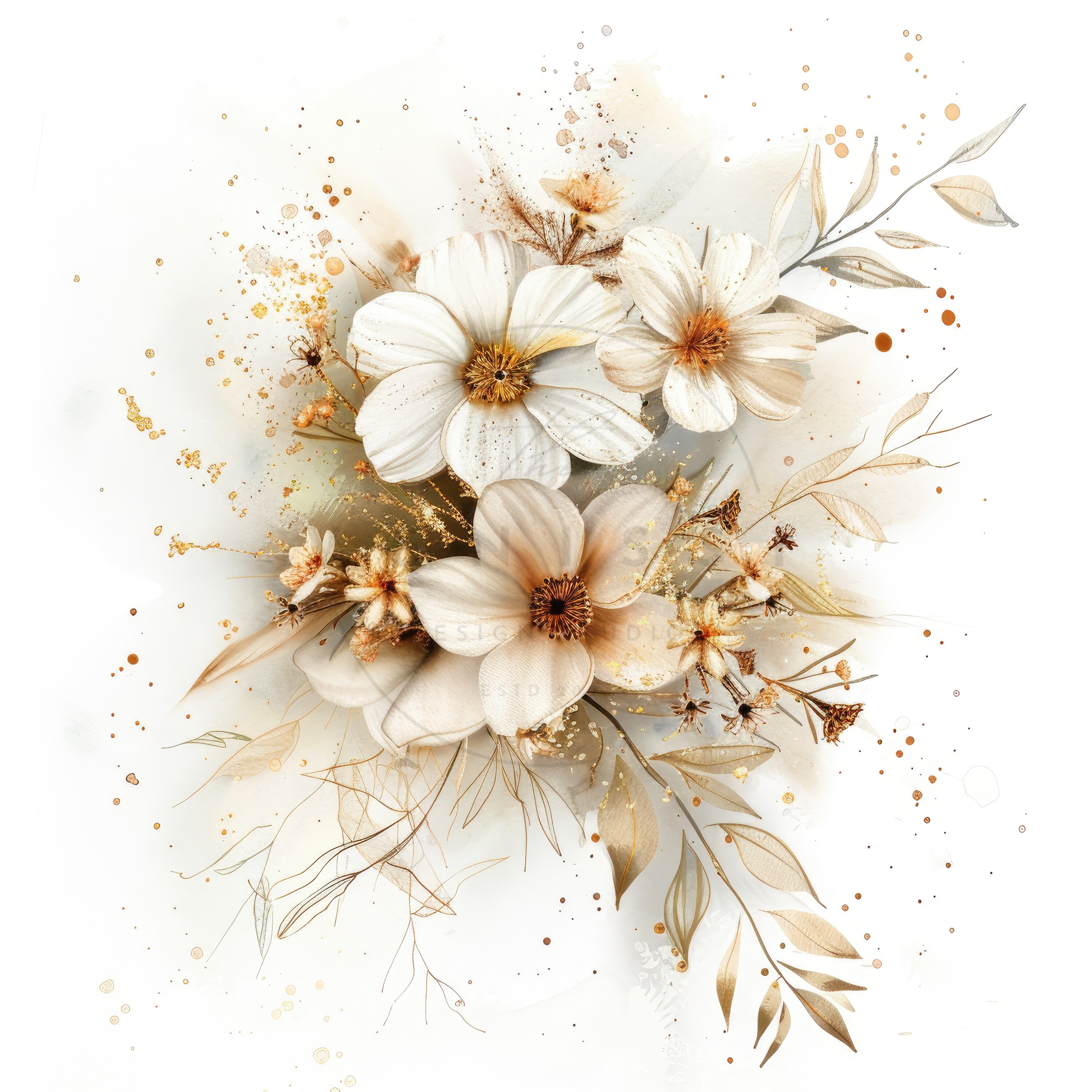 10 Spring Boho Flowers Bouquet Golden Glitter Clipart, Flowers Clip Art ...