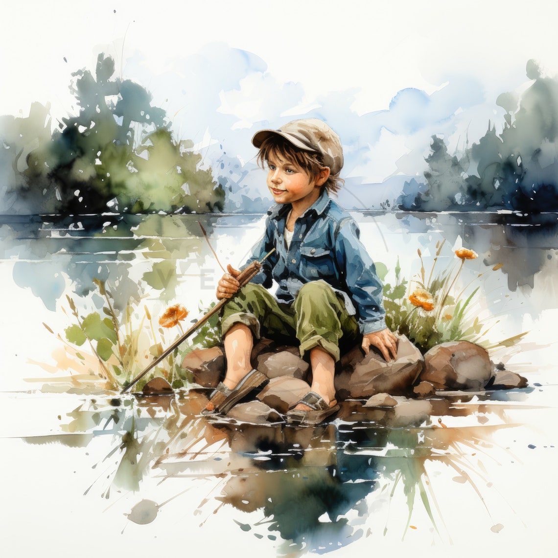 16 Boy Fishing Clipart, Watercolor Fisherman Kid Clipart, Printable ...