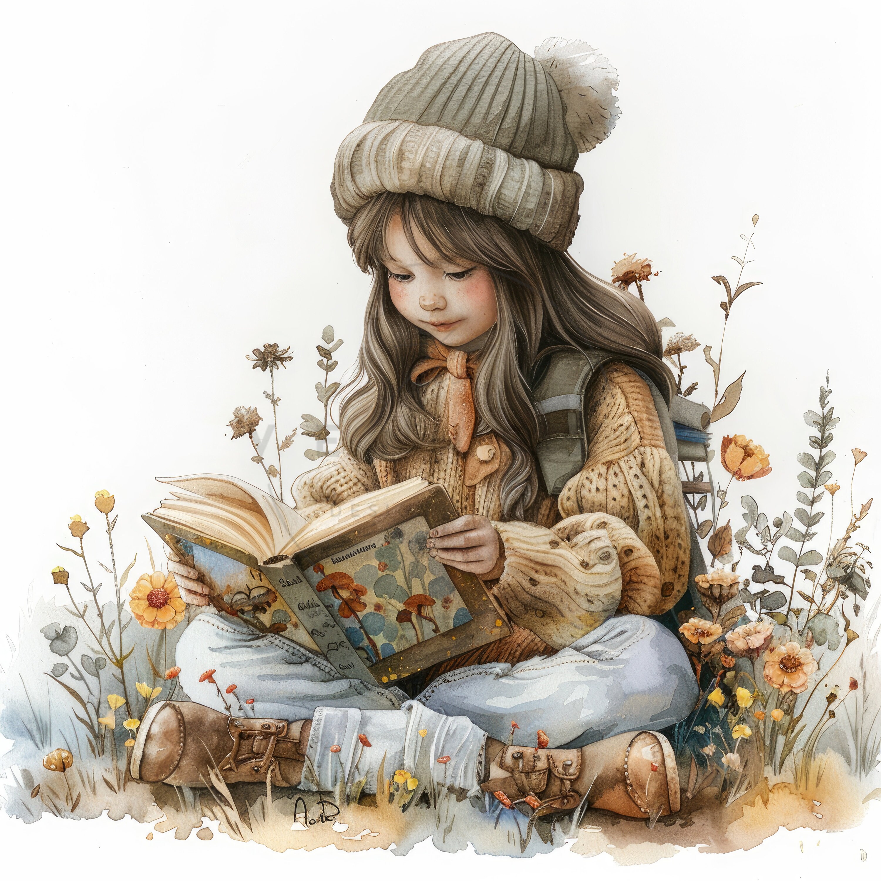 10 Girl Reading Book Clipart, Watercolor Children and Book Clipart ...
