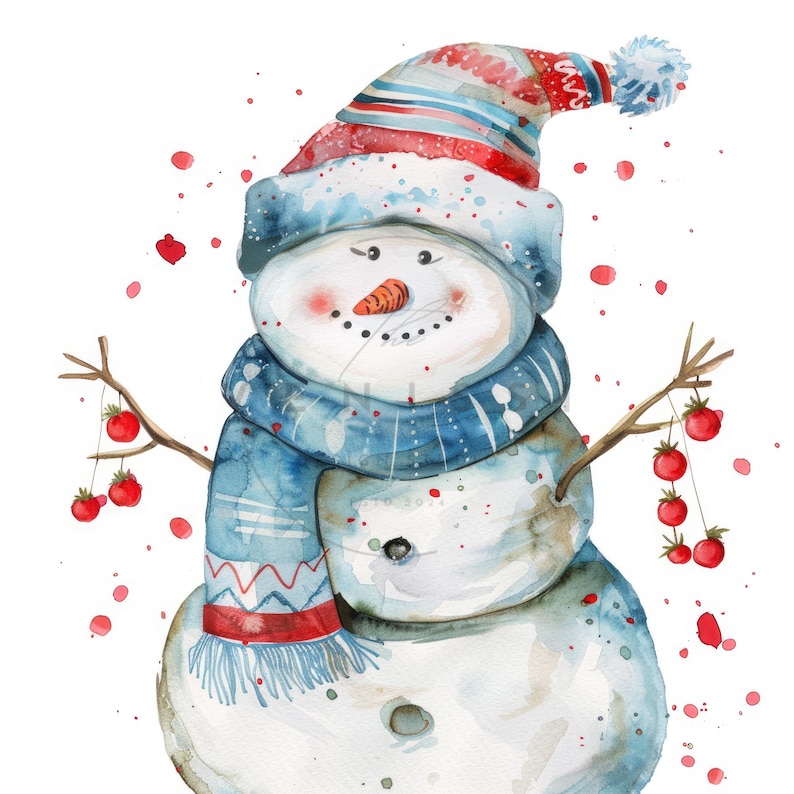 20 Whimsical Snowman Clipart, Watercolor Snowman Clipart, Christmas ...